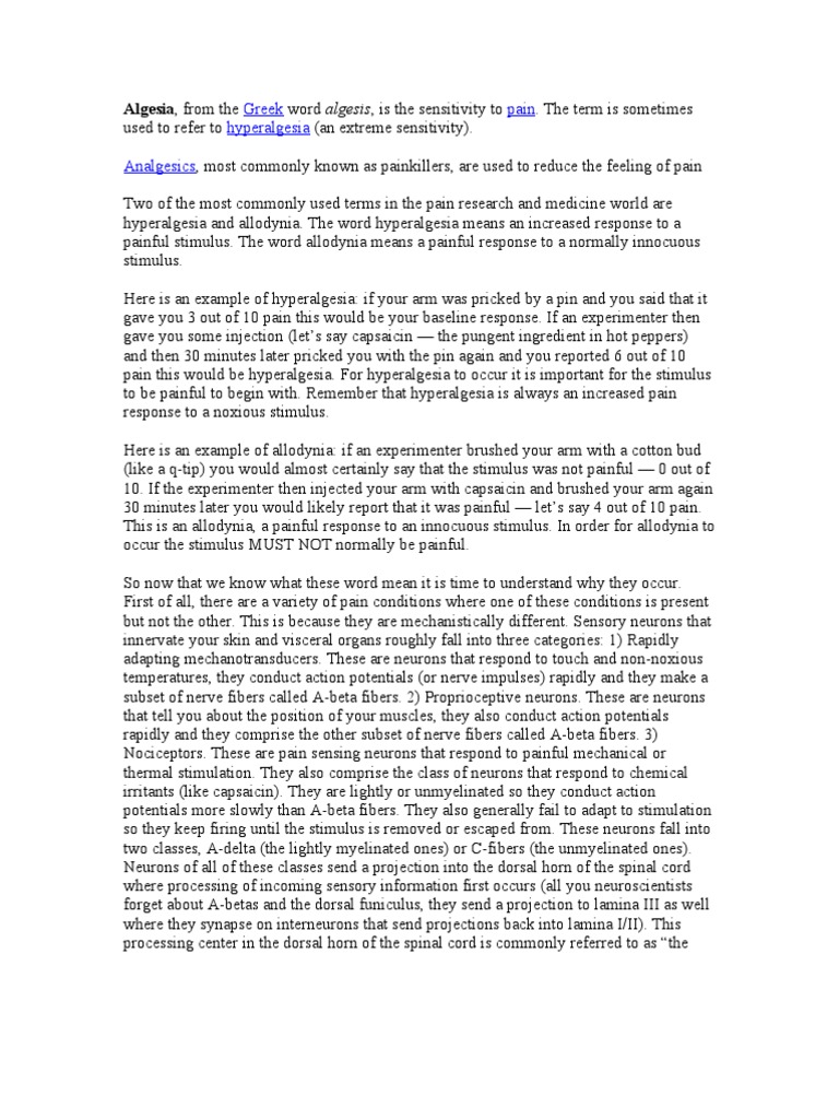 Algesia, From The Greek Word Algesis, Is The Sensitivity To | PDF ...