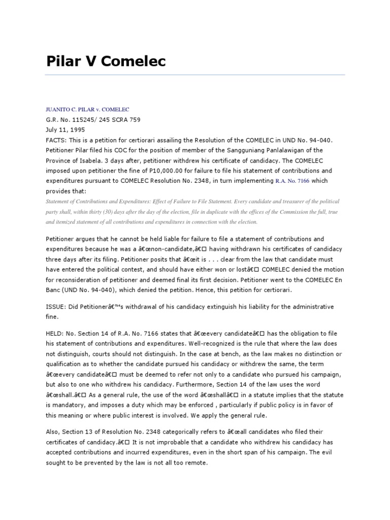 Pilar V Comelec Election Law Case | PDF | Commission On Elections ...