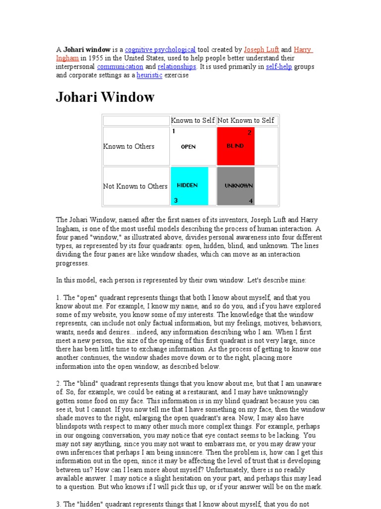 Johari Window: A Communication Tool | PDF | Swot Analysis | Behavioural ...