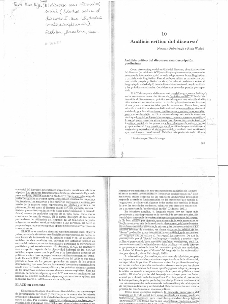 Análisis Crítico Del Discurso - Norman Fairclough y Ruth Wodak | PDF
