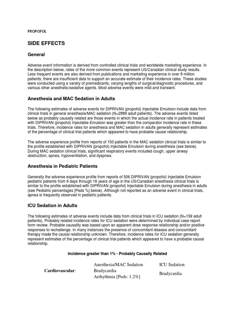 Propofol Side Effects Guide | PDF | Anesthesia | Pharmacokinetics