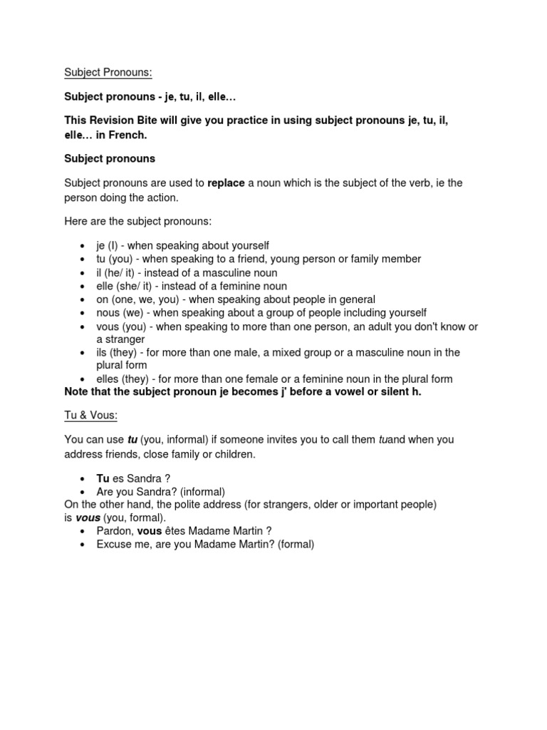 French Subject Pronouns Guide | PDF | Foreign Language Studies