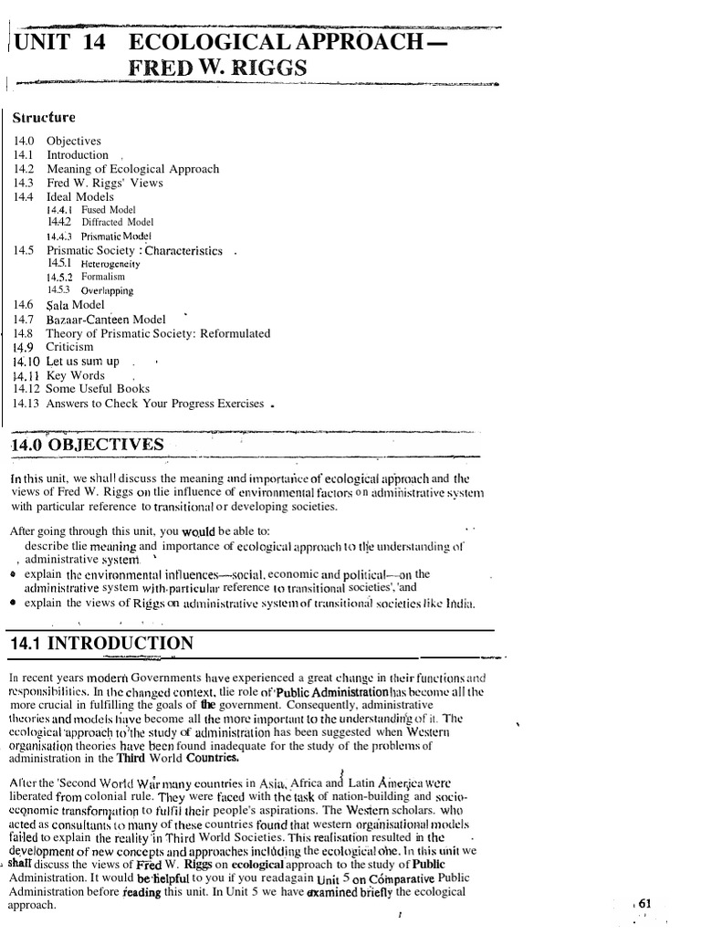 Public Administration Unit-14 Ecological Approach-Fred. W. Riggs | PDF ...