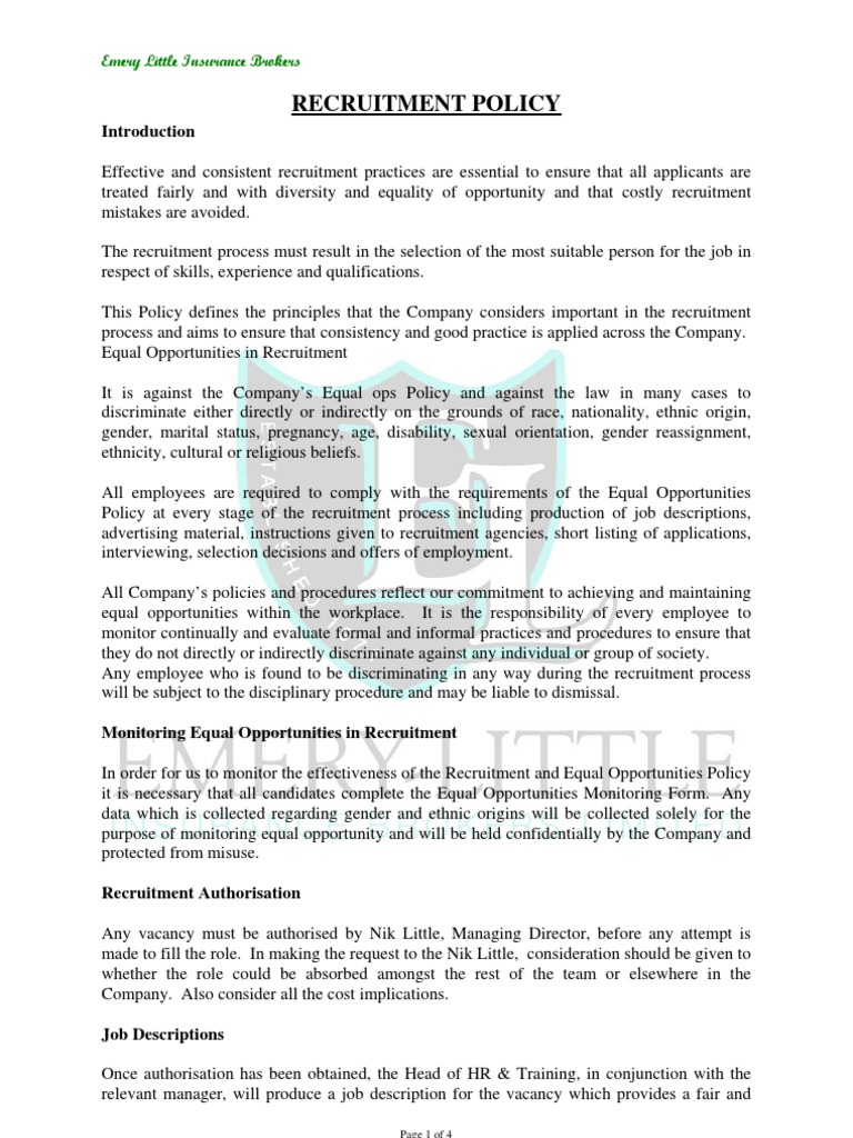 Recruitment Policy | PDF | Equal Opportunity | Recruitment