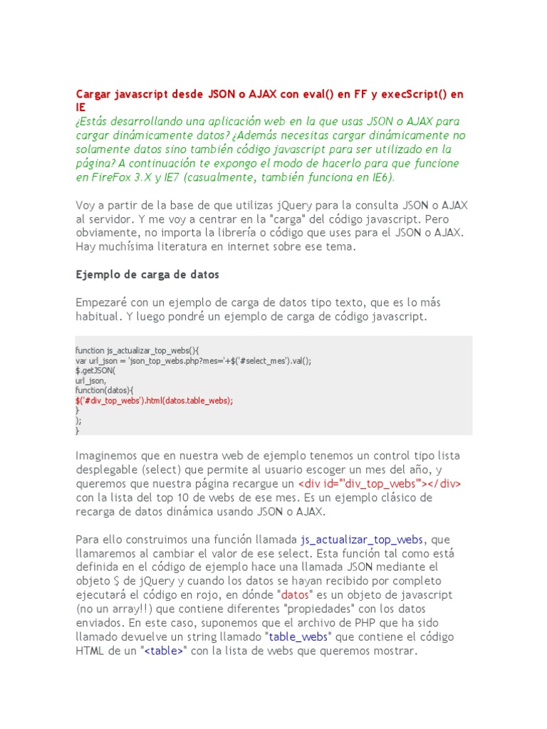 Cargar Javascript Desde JSON o AJAX Con Eval | PDF | Script Java | Java (lenguaje de programación)