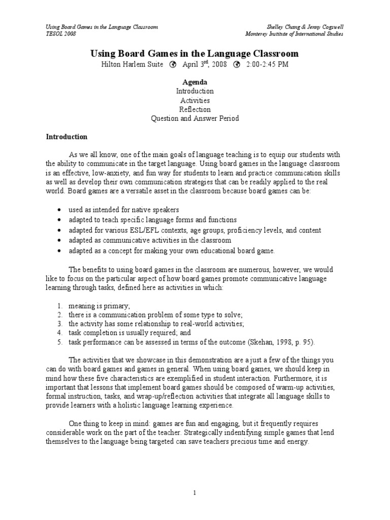 Using Board Games Handout | PDF | Languages | Language Arts & Discipline