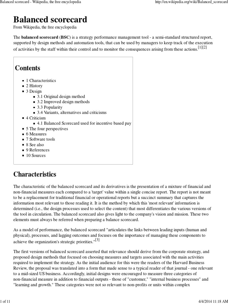 Balanced Scorecard: From Wikipedia, The Free Encyclopedia | PDF ...