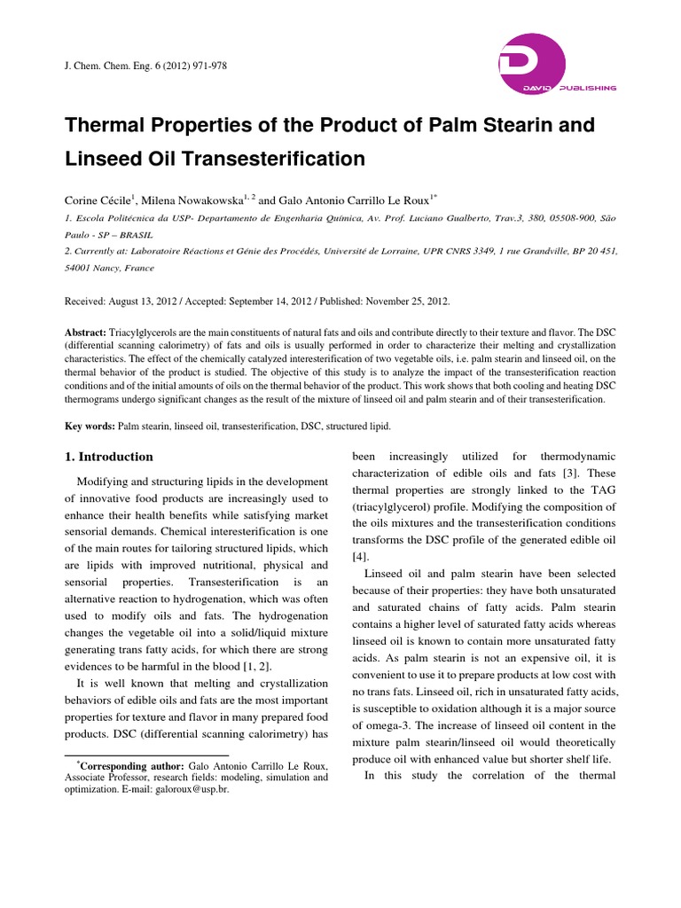 Thermal Properties of The Product of Palm Stearin and Linseed Oil ...