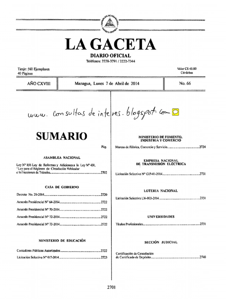 Ley 856 Ley de Reforma A La Ley 431 Ley de Transito Gaceta 66-2014 | PDF
