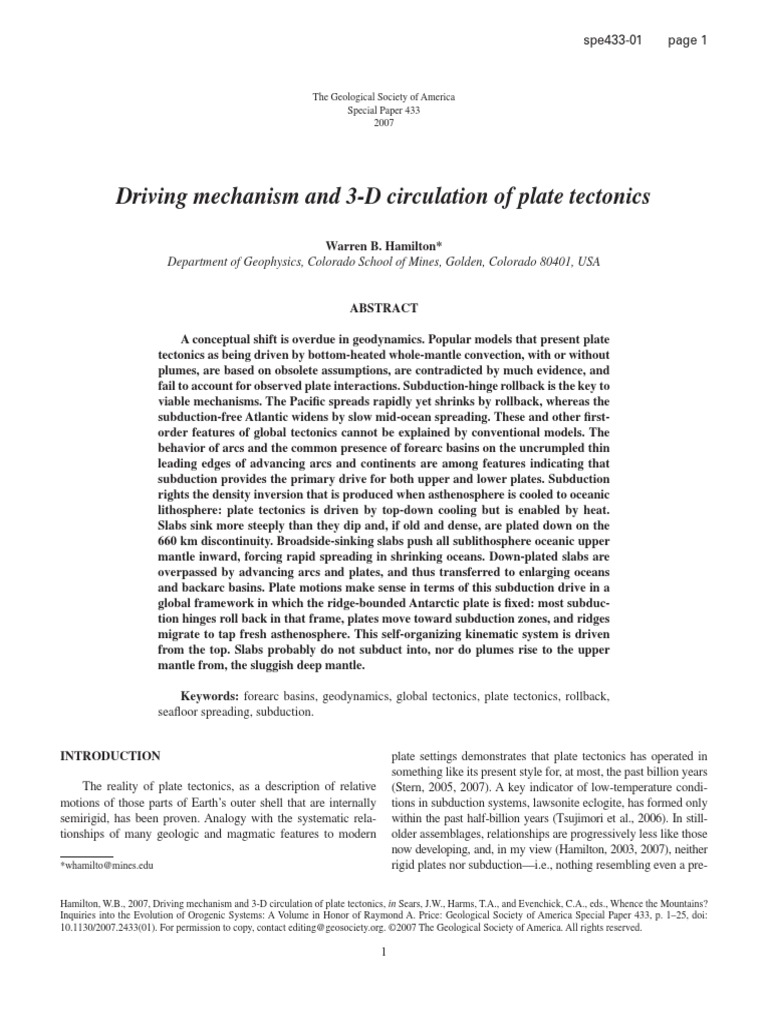 Hamilton Tectonics Mechanism | PDF | Plate Tectonics | Mantle (Geology)