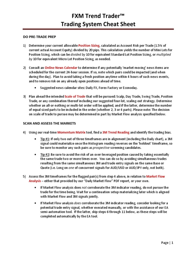 FXM Trend Trader™ Trading System Cheat Sheet: Do Pre-Trade Prep | PDF