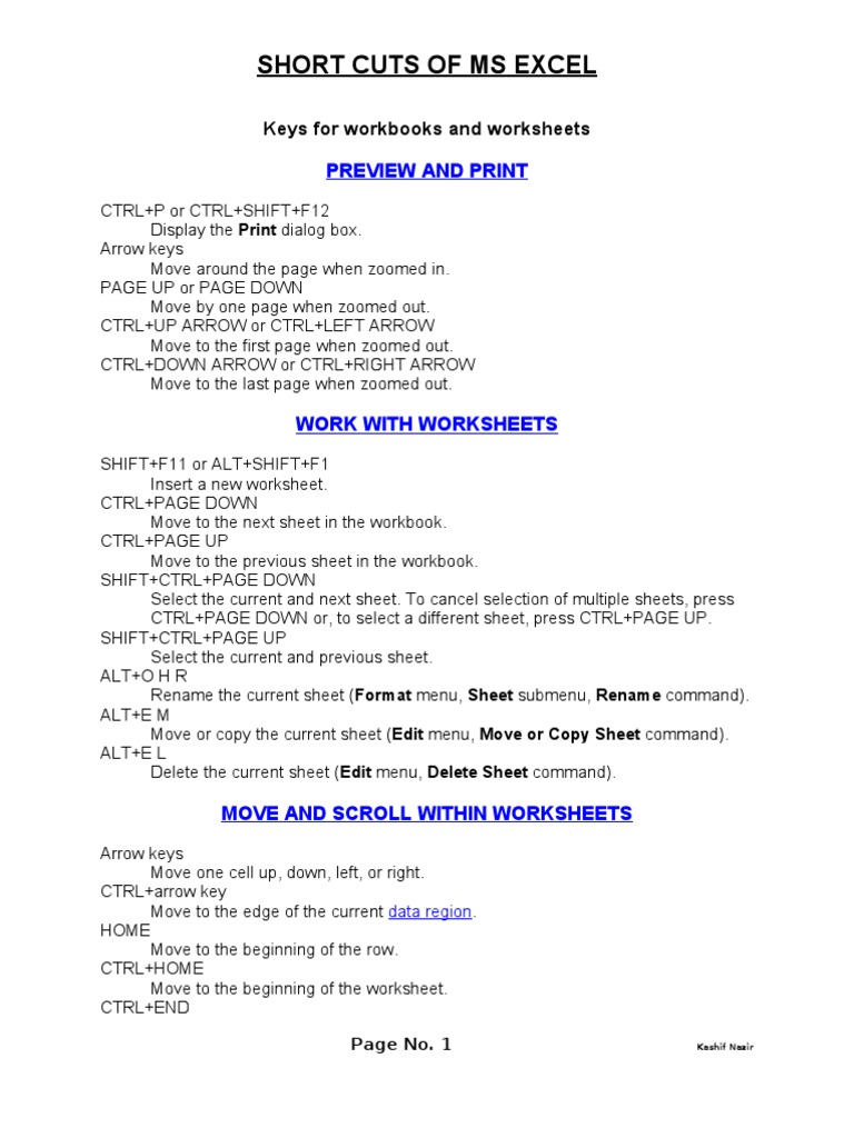 Short Cuts of Ms Excel | PDF | Menu (Computing) | Software