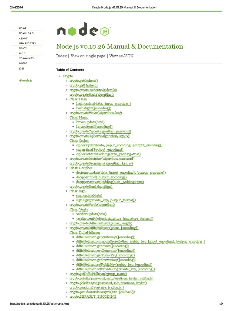 Node - Js v0.10.26 Manual & Documentation: Index View On Single Page View As JSON | PDF | Key ...