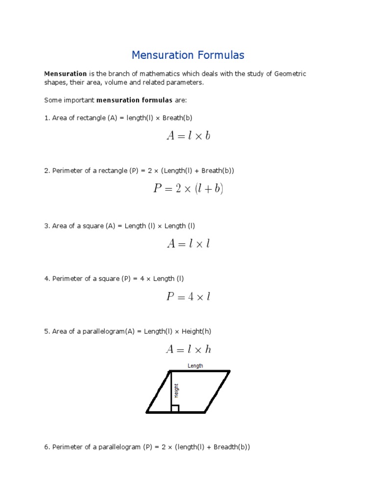 Mensuration Formulas | Download Free PDF | Area | Triangle
