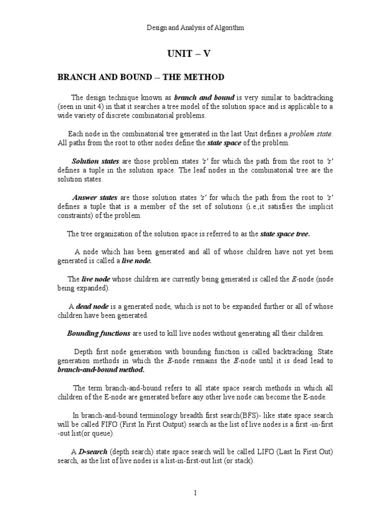 Unit - V: Branch and Bound - The Method | PDF | Discrete Mathematics | Algorithms