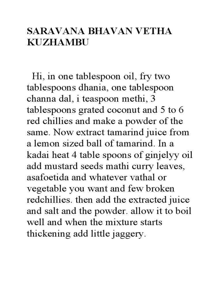 Saravana Bhavan Vetha Kuzhambu | PDF