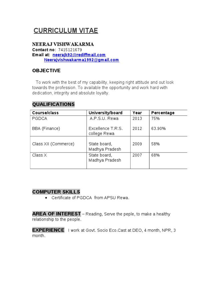 Neeraj Vishwakarma's CV | PDF