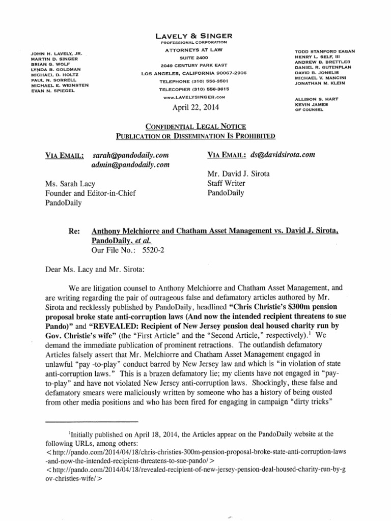 Anthony Melchiorre and Chatham Asset Management Legal Letter | PDF ...