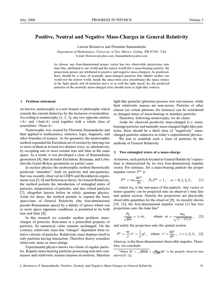 Positive, Neutral and Negative Mass-Charges in General Relativity | PDF ...