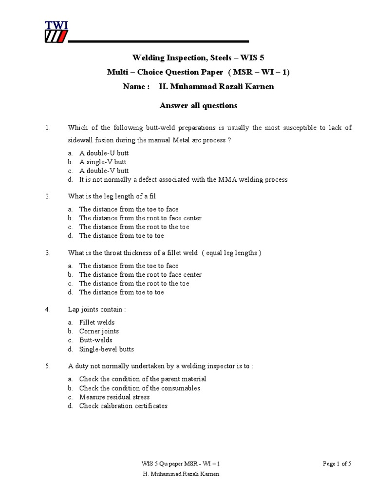 WIS 5 Welding Inspection MCQ Guide | PDF | Welding | Construction