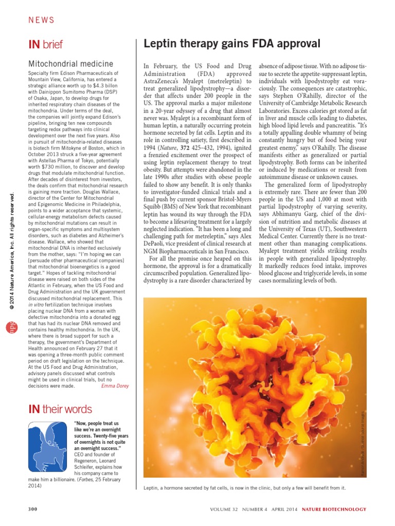 Leptin Therapy Gains FDA Approval | PDF | Leptin | Adipose Tissue