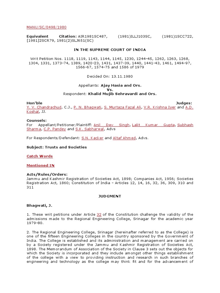 Ajay Hasia v. Khalid Mujeeb Sherawardi | PDF | Corporations ...