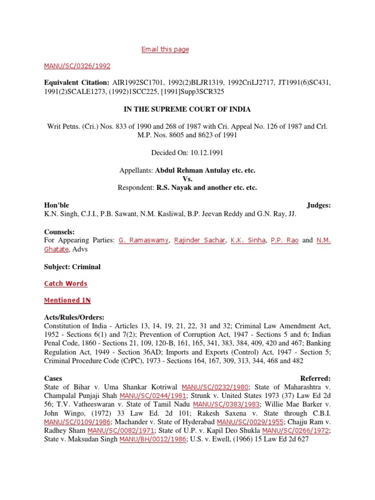 A R Antulay v. R.S Nayak | PDF | Bail | Complaint