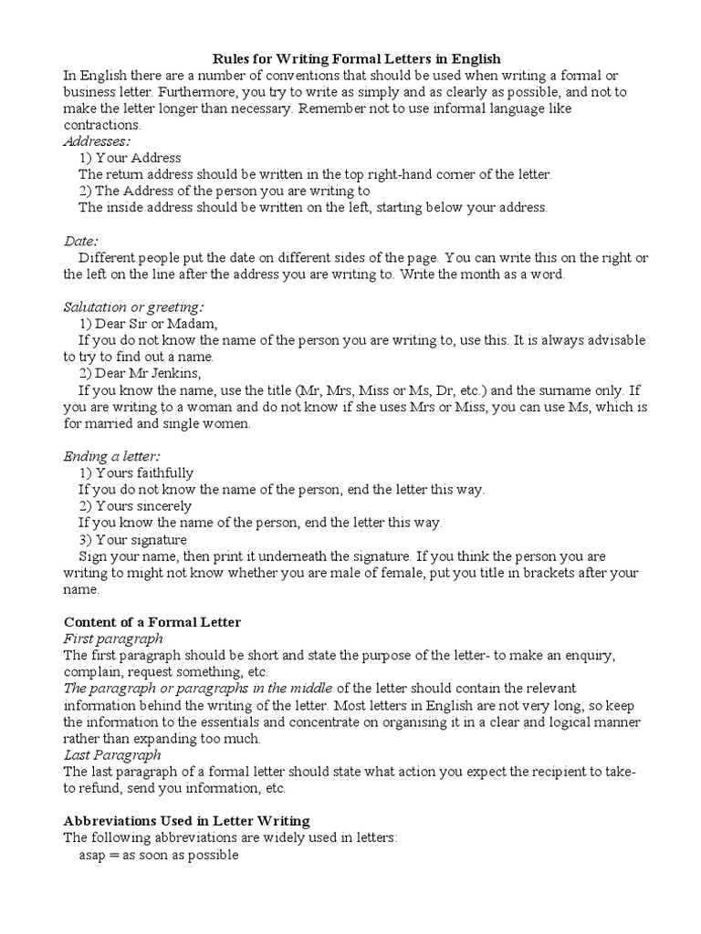 Rules For Writing Formal Letters in English | PDF