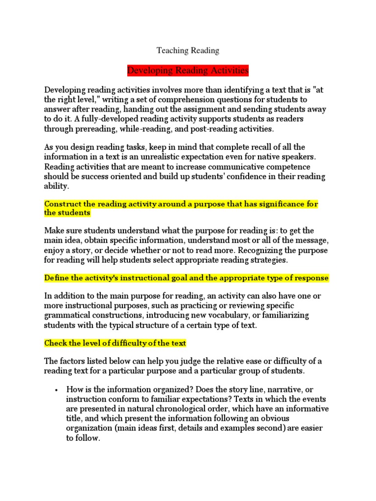 Developing Reading Activities | PDF | Reading Comprehension | Reading ...