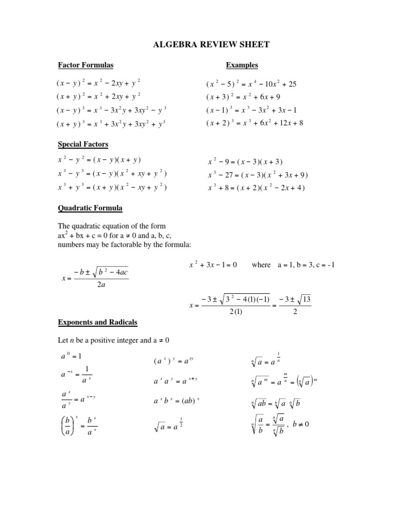 Algebra Review Sheet | PDF
