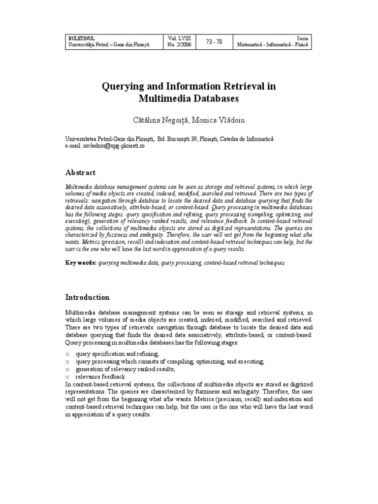 Querying and Information Retrieval in Multimedia Databases: An Overview of Query Types ...