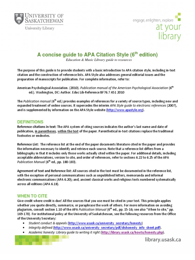 Concise Guide to APA 6th Edition | PDF | Citation | Apa Style