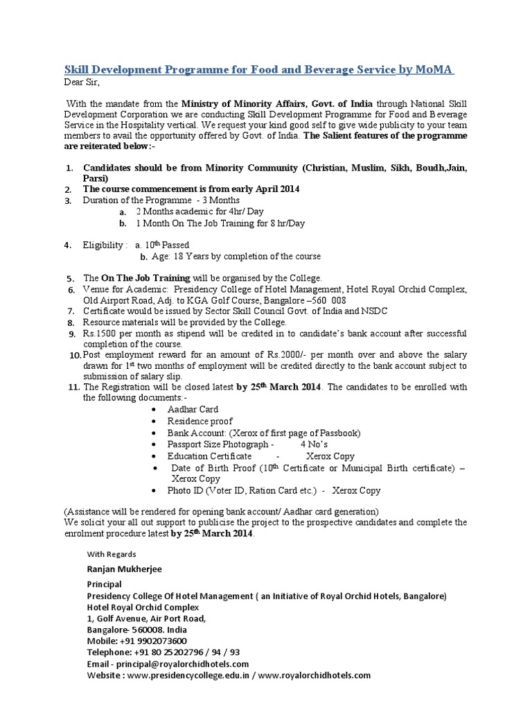 Skill Development Programme For Food and Beverage Service by Moma | PDF ...