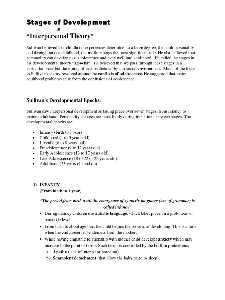 Stages of Development “Interpersonal Theory”: Sullivan's Developmental ...