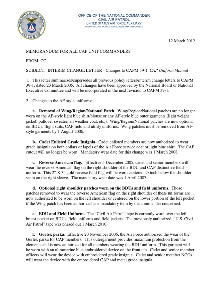 CAP Uniform Changes Memo - 03/12/2012 | Civil Air Patrol | Military ...