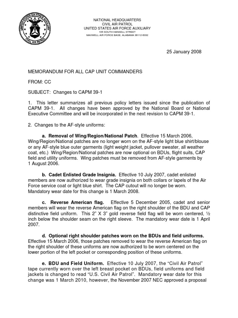 CAP Uniform Changes Memo - 01/25/2008 | PDF | Civil Air Patrol | Dress ...