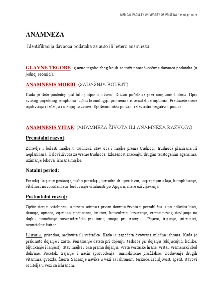 Anamneza I Status U Pedijatriji | PDF