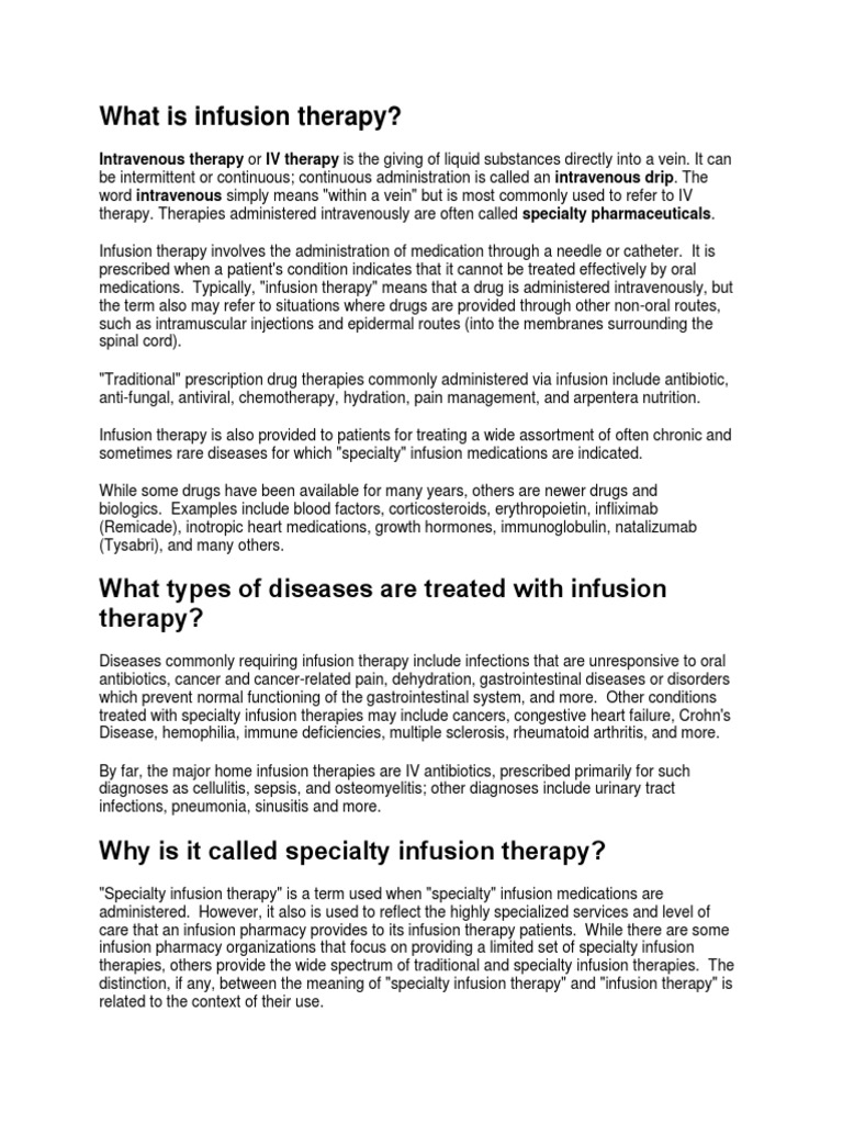 What Is Infusion Therapy | PDF | Intravenous Therapy | Medical Treatments