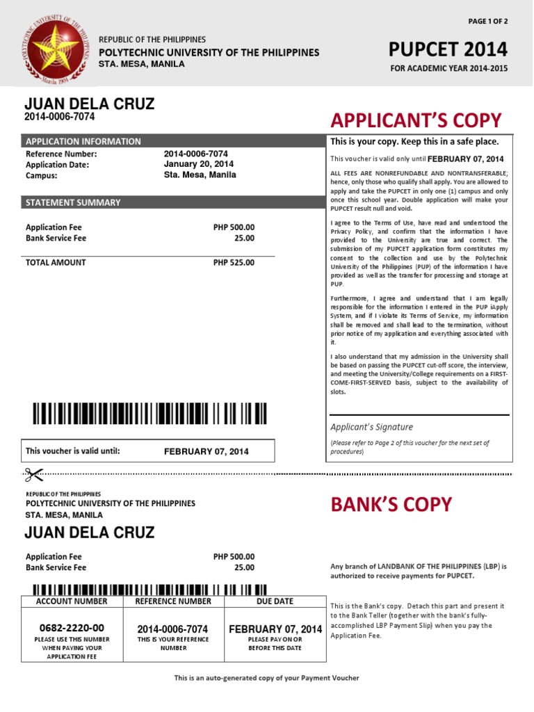 PUP Payment form | Test (Assessment) | Fee