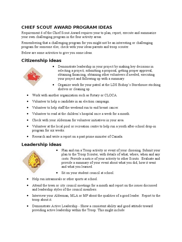 Chief Scout Award Project Ideas | PDF | Leadership | Behavior Modification