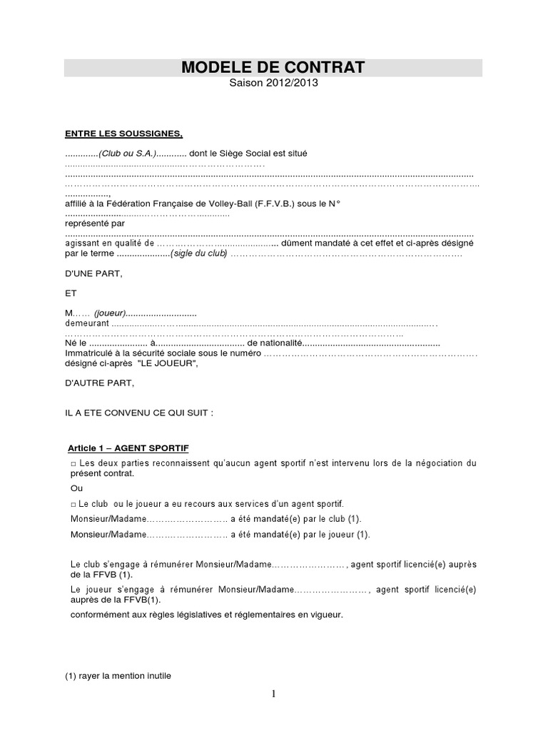 Modele Contrat Joueur Pro | Salaires | Congé annuel