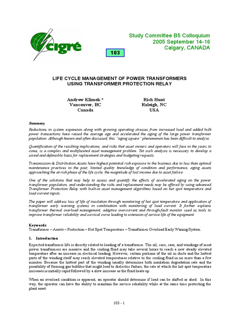 Life Cycle Management of Power Transformers Using Transformer ...