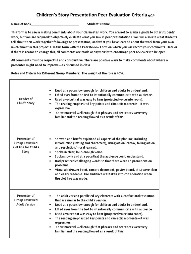 Peer Evaluation Criteria Childrens Story | PDF | Reading (Process ...