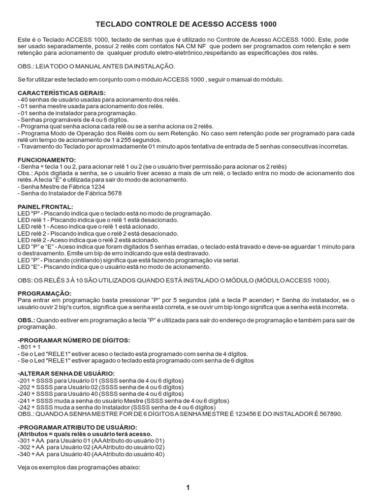 Manual do Teclado ACCESS 1000 | PDF | Teclado de computador | Relé