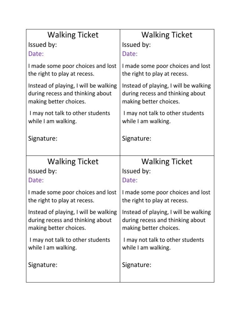 Recess Walking Ticket for Reflection | PDF | Games & Activities