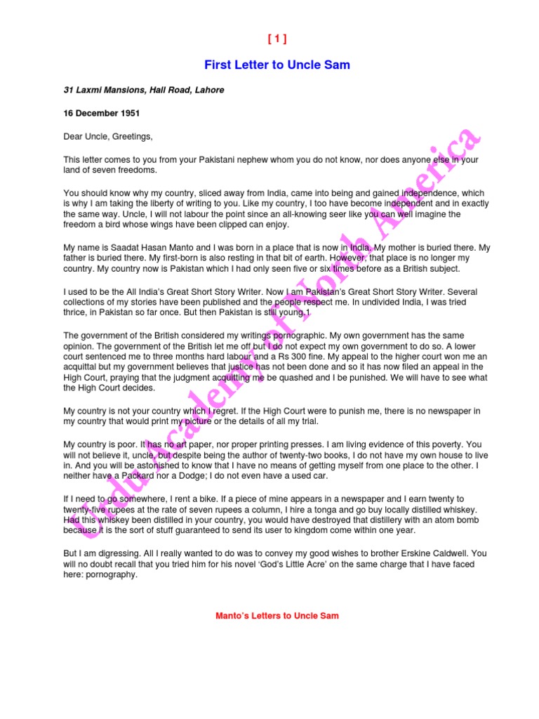 Manto Letters To Uncle Sam1 | PDF | Mystery, Thriller & Crime Fiction ...