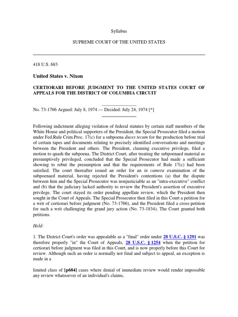 Us V Nixon | PDF | Executive Privilege | Presidents Of The United States
