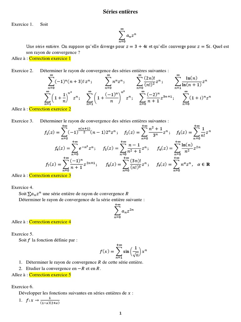 Exercices Corriges Series Entieres | PDF | Série (mathématiques ...