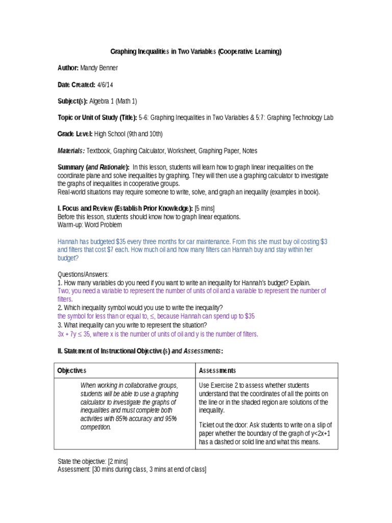 Graphing Linear Inequalities Lesson Plan | PDF | Algebra | Teaching ...