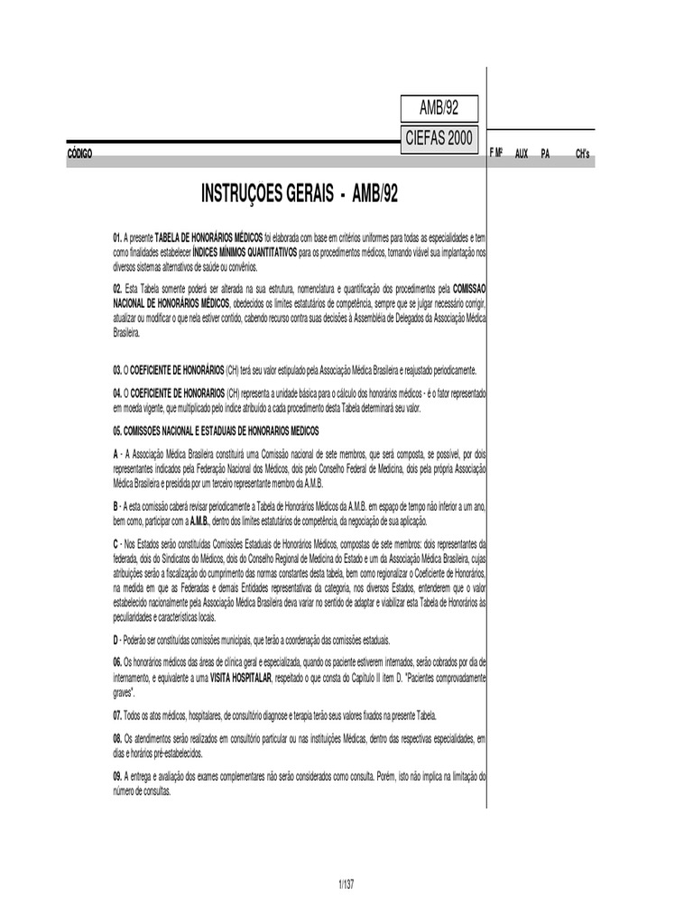 Tabela de Honorários Médicos AMB/92 | PDF | Eletroencefalografia ...